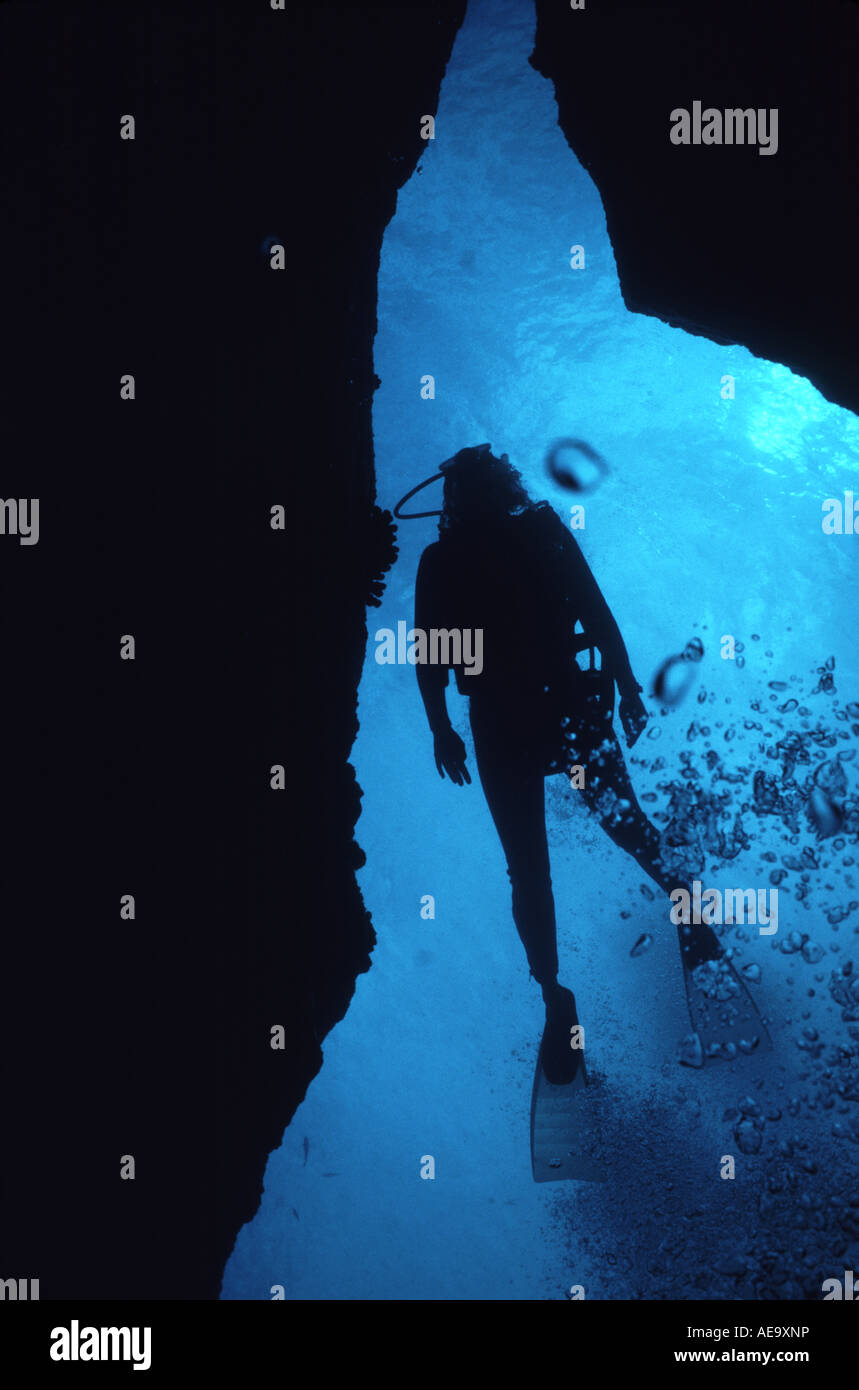 From below, a scuba diver is seen going into an underwater cavern in ...