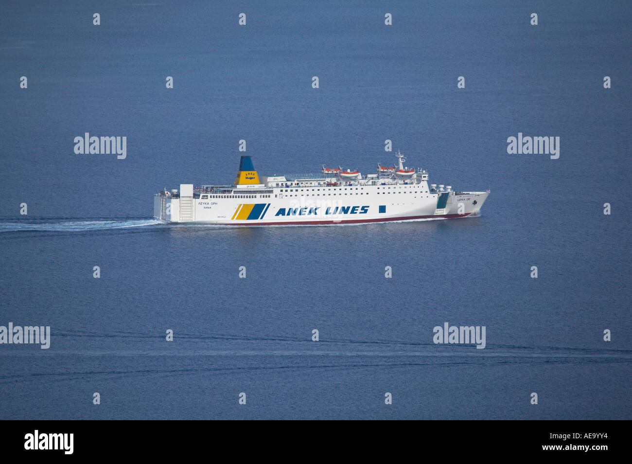 The Anek Lines ferry Lefka Ori moves through the straits between Corfu ...