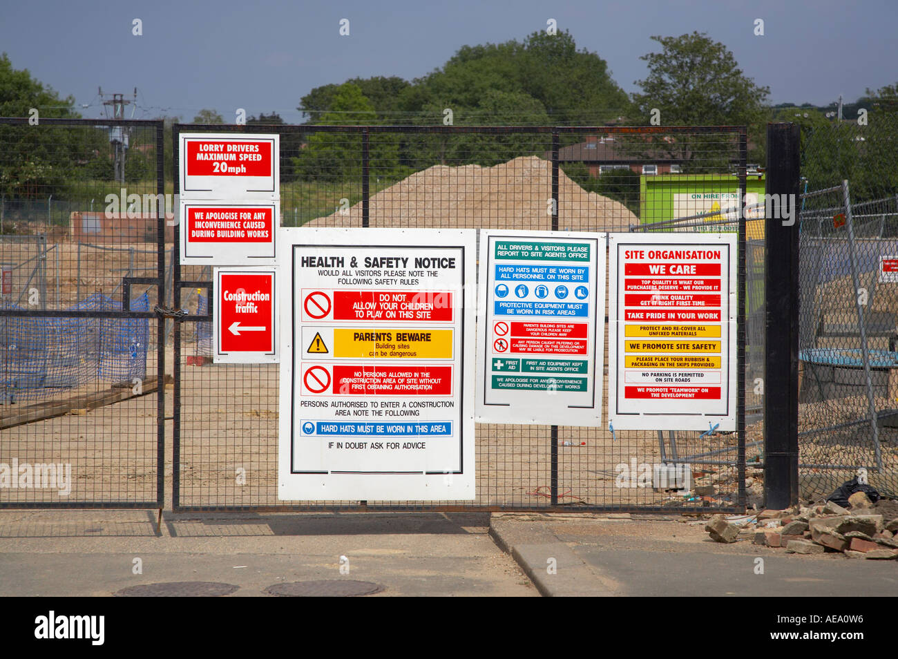Warning signs at the entrance to a building site in East London Stock ...