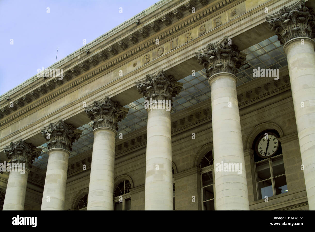 Windows and ornate columns outside Paris Bourse (Stock Exchange ...