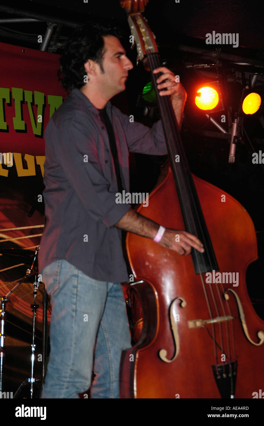 playing a Double Bass live on stage Stock Photo - Alamy