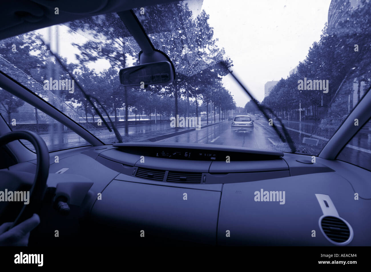 View through windscreen driving on a rainy day in Paris, France Stock ...