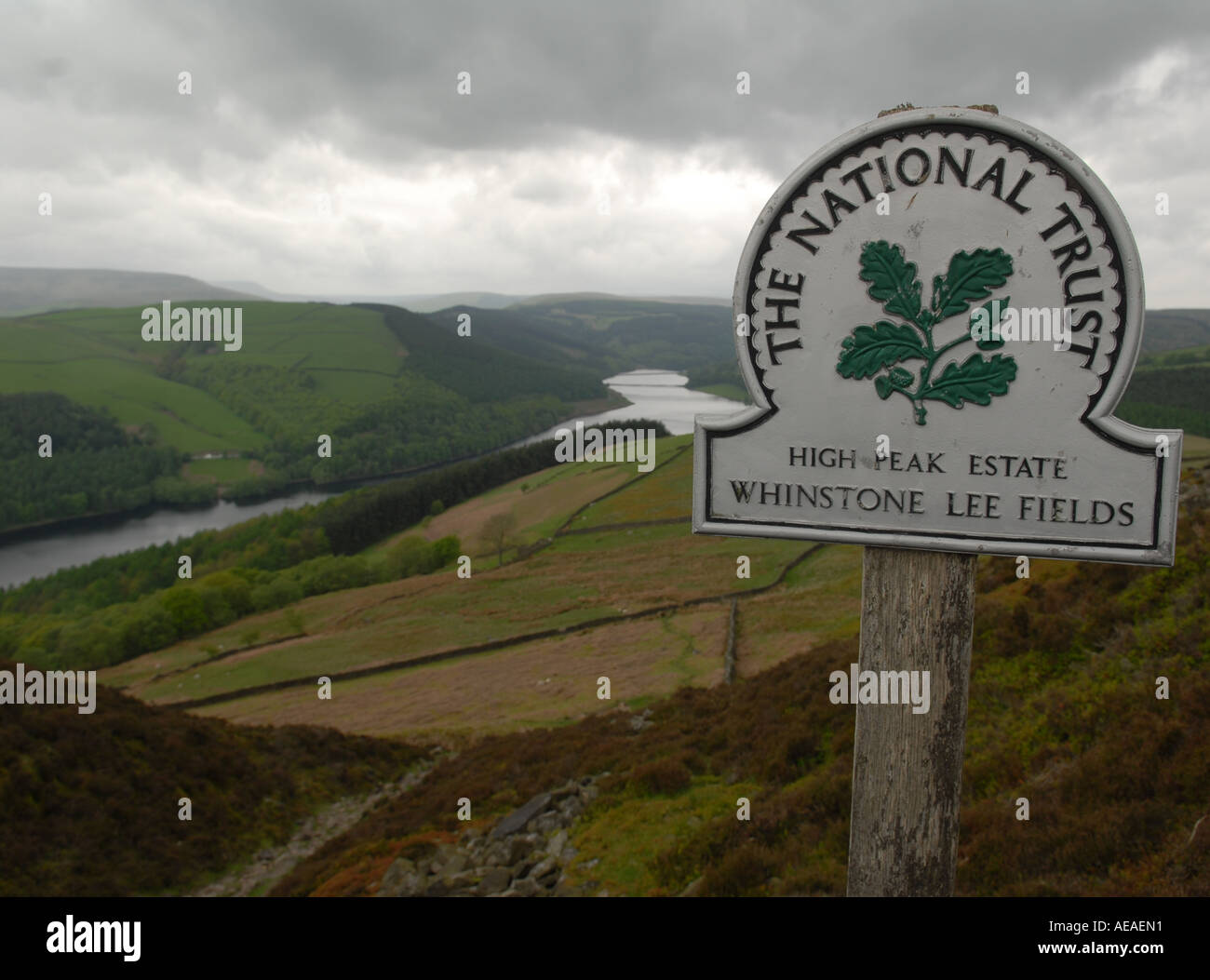 National Trust sign in the Peak District overlooking Ladybower ...