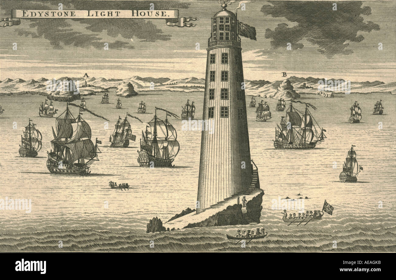 Eddystone Lighthouse circa 1720 with coastline of Cornwall and ...