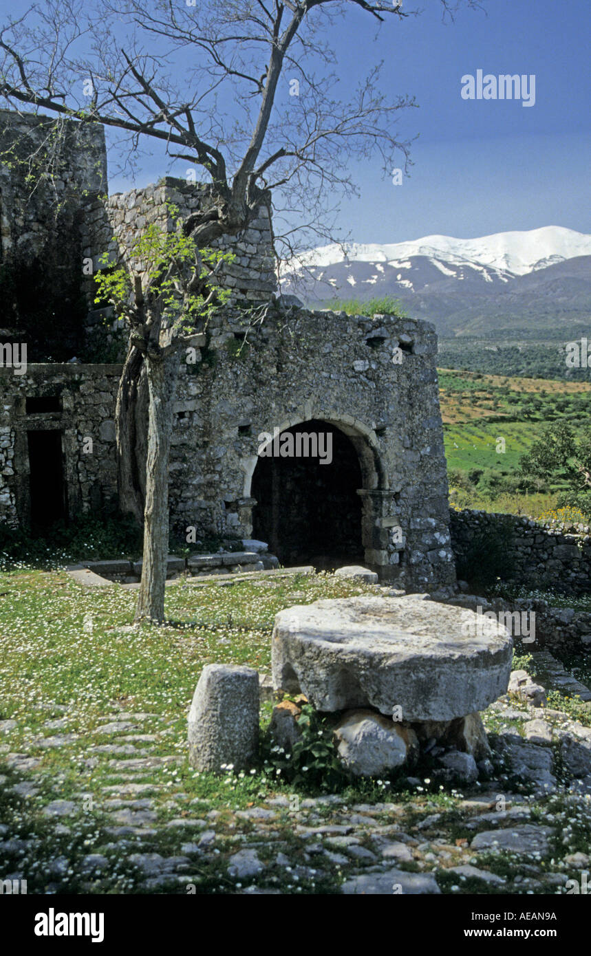 Ruin of Halepa monastery with snow covered Psiloritis mountain central ...