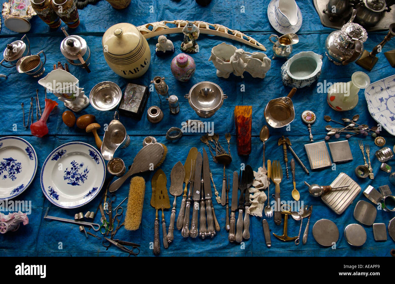 A Brocante sale bric a brac held in a street market in Brussels Belgium ...