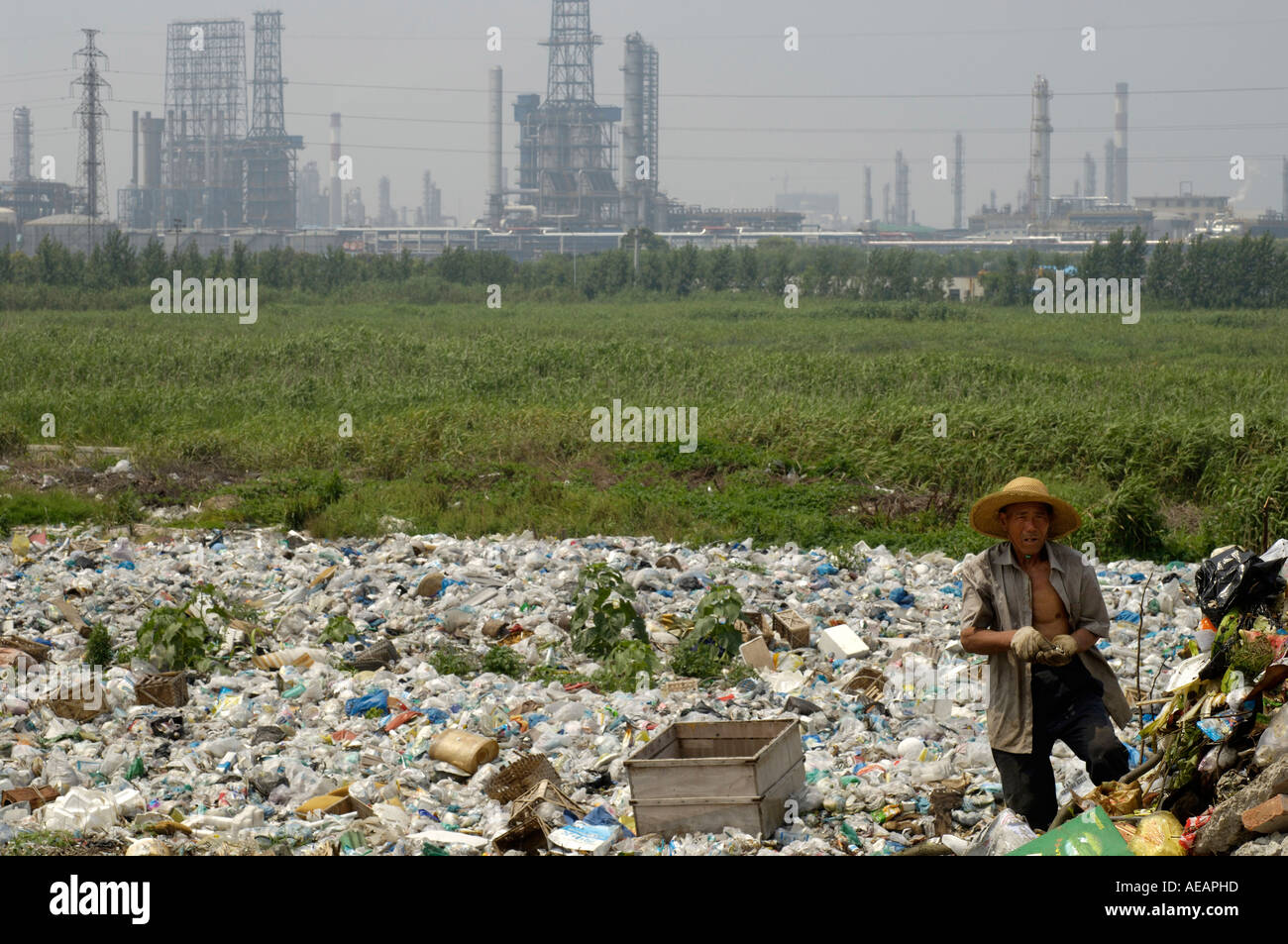migrant worker collects plastics from a garbage dump China June 12 2006 ...