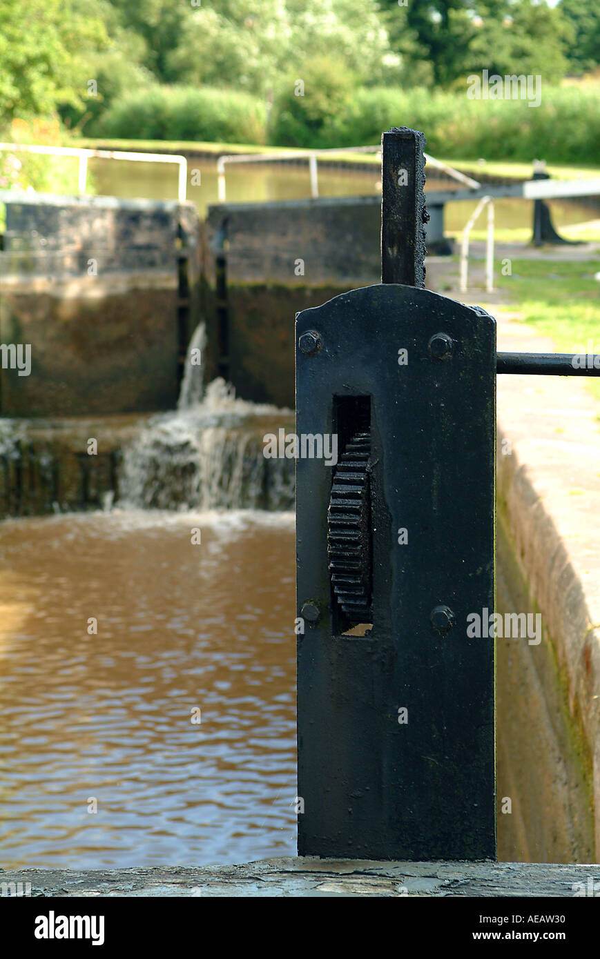 View of a pair of lock gates with paddle gear in foreground on the ...