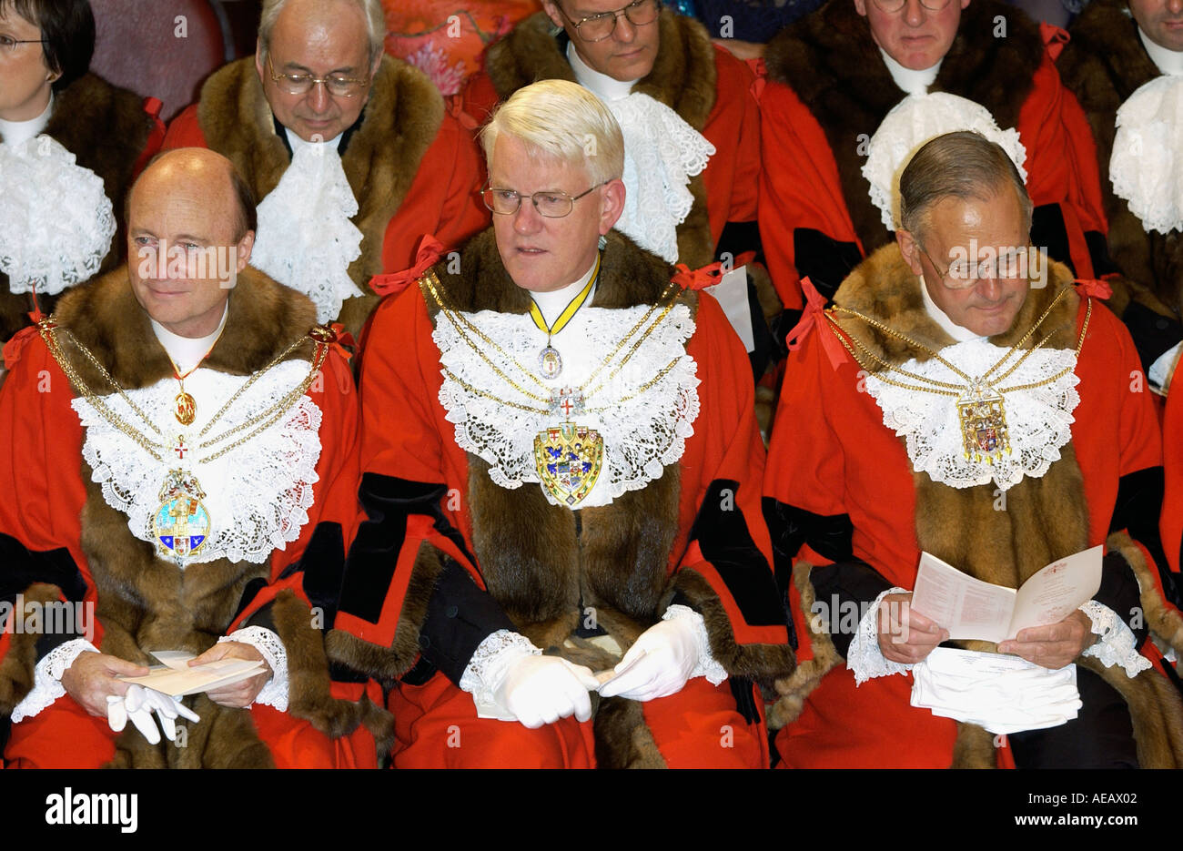 Aldermen of the City of London at Guildhall dressed in red ceremonial ...