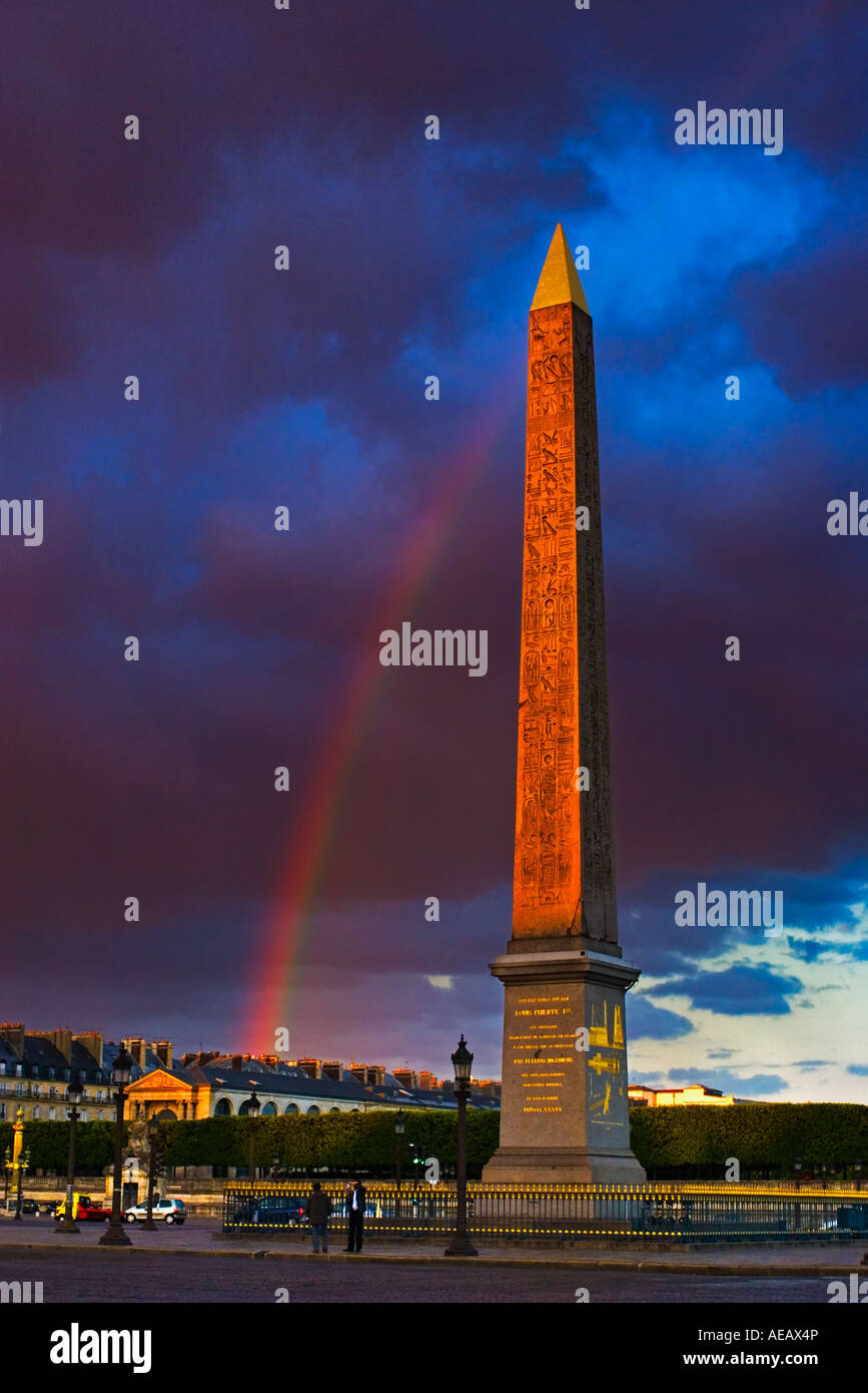 Paris, France, place de la Concorde. Rainbow over Obelisk at sunset ...