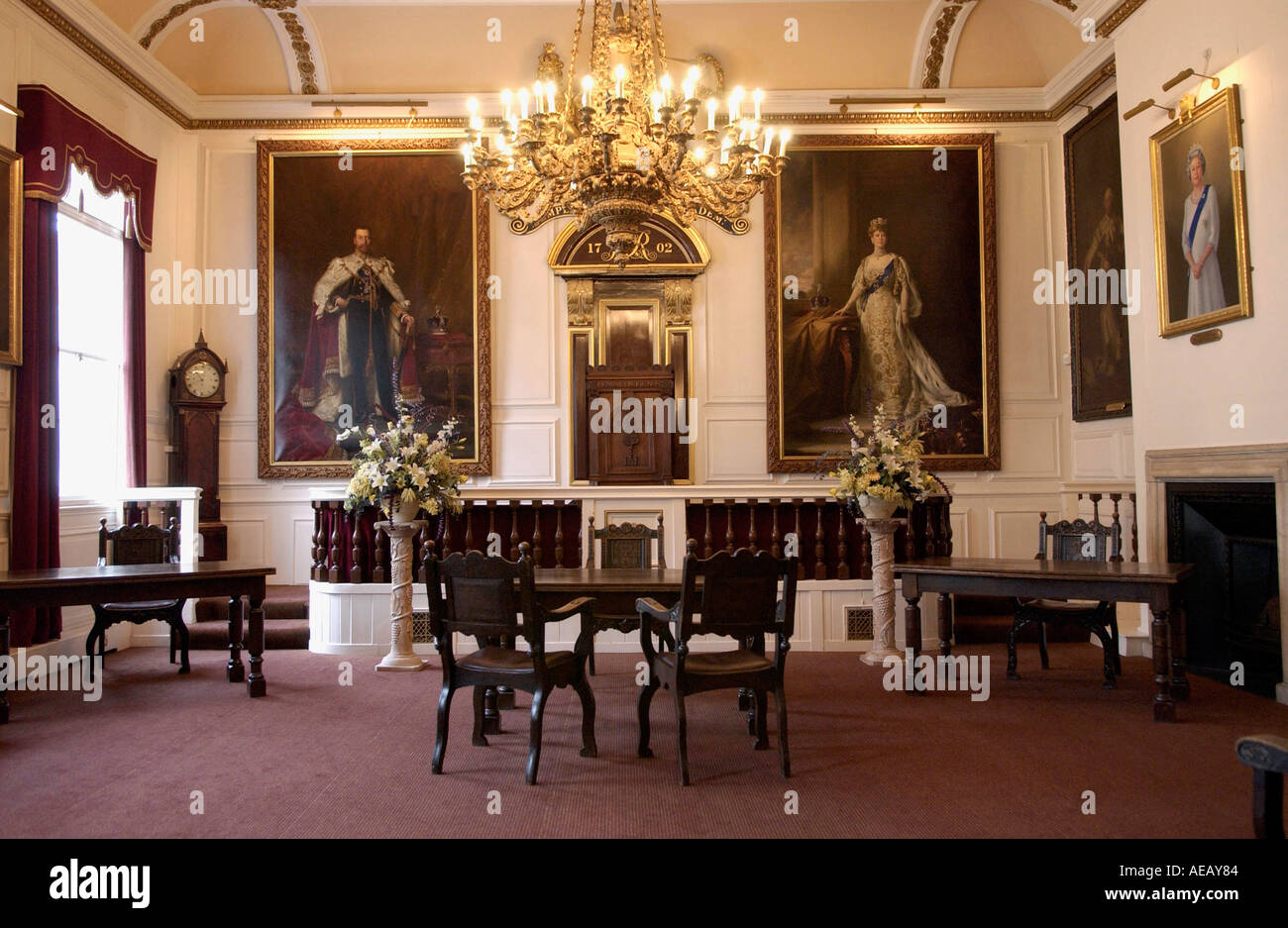 Council chamber inside the Guildhall Windsor Town Hall with portraits ...