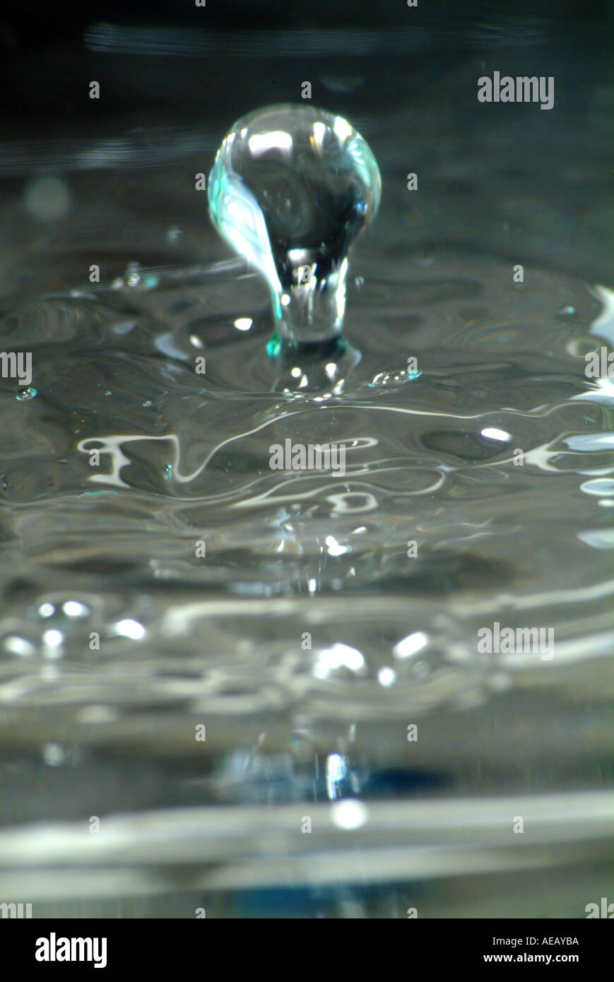 water droplet hitting surface of water and creating a reactive shape ...
