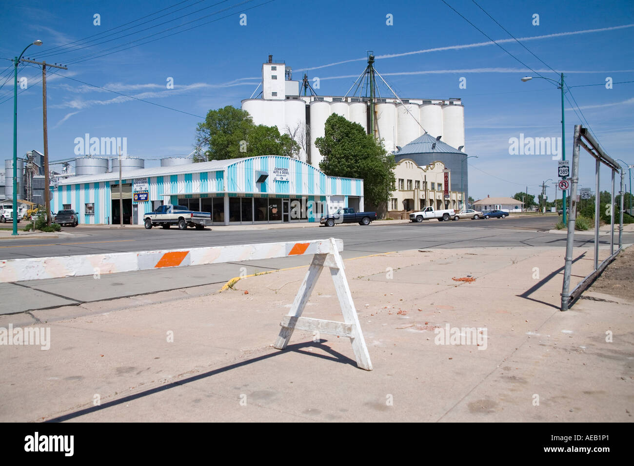 Warning barrier in small town of Holyoke Colorado USA showing grain ...