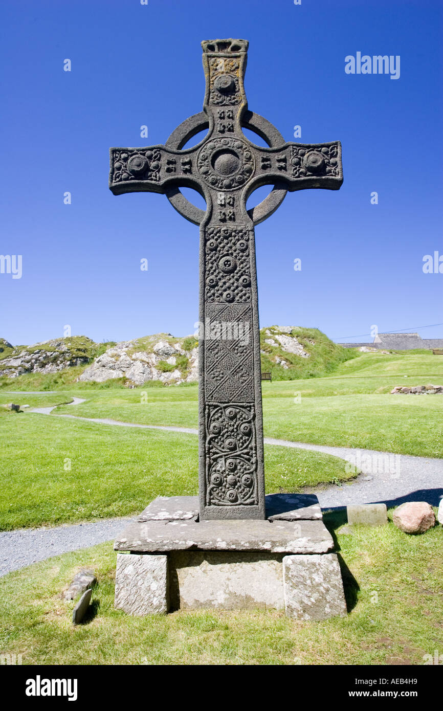 Replica of St Johns celtic Cross outside St Columbas shrine, Iona Abbey ...