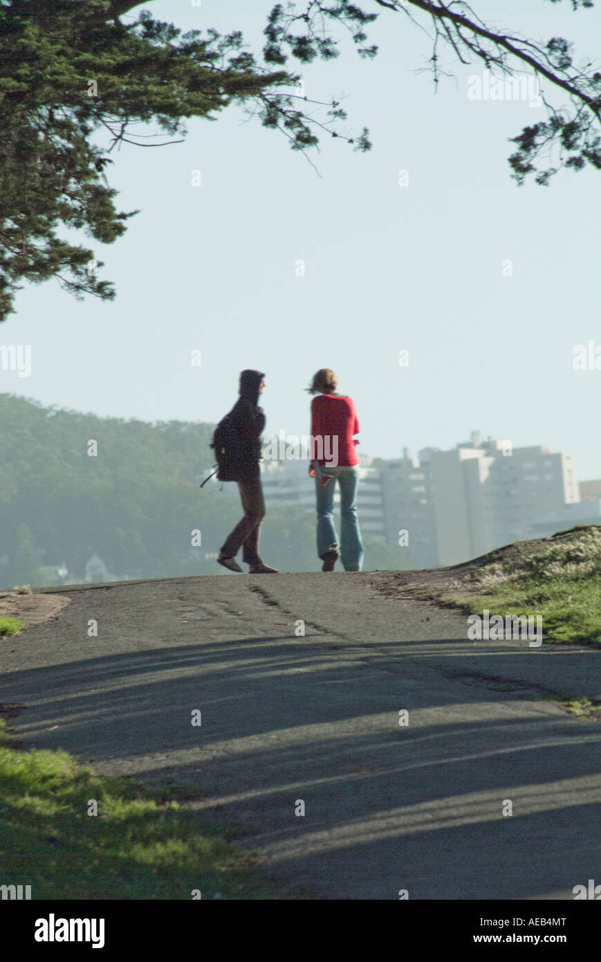 Two people walking in park along pathway with city in the distance ...