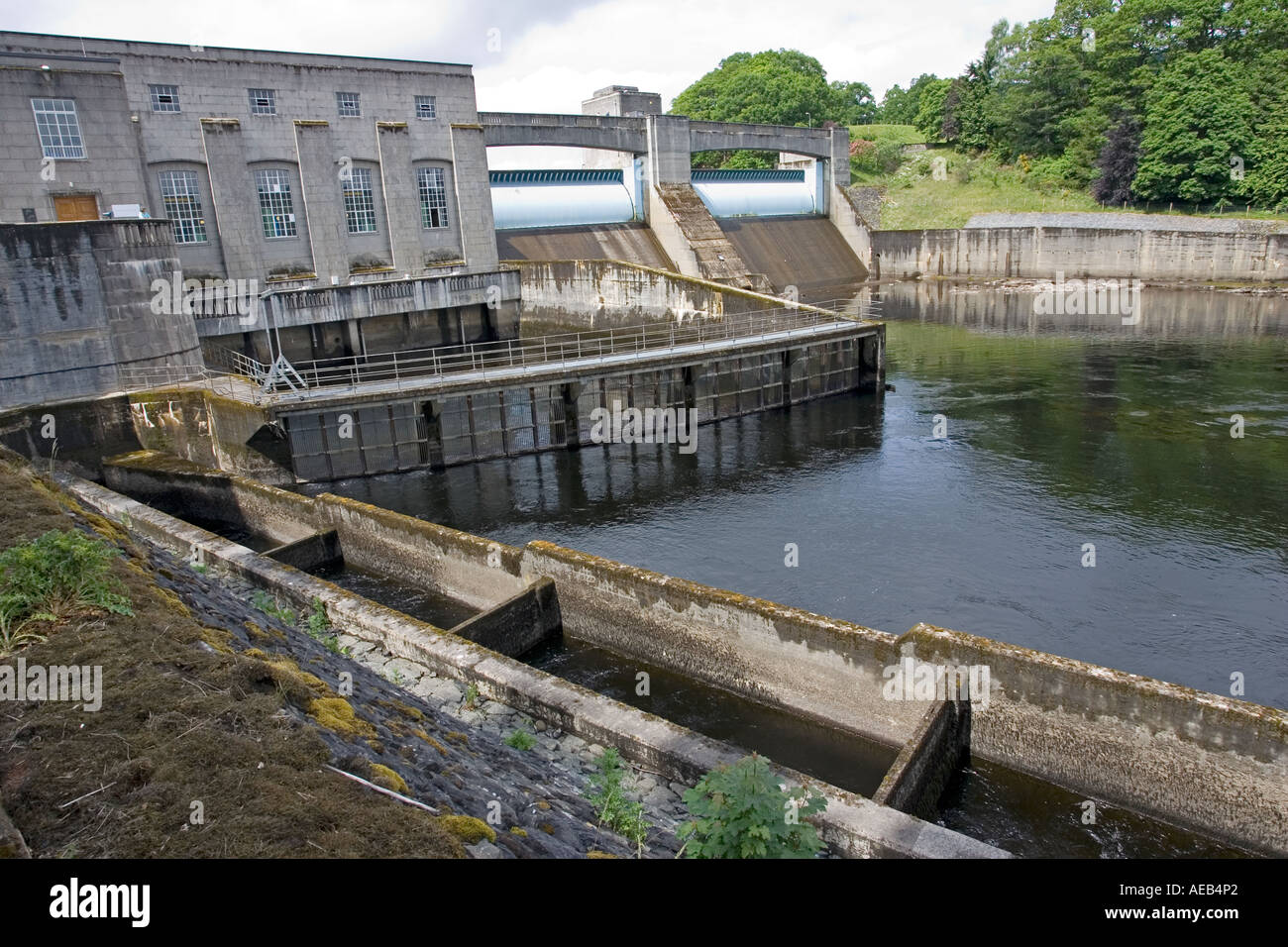 Pitlochry hydroelectric dam salmon ladder and power station Scotland UK ...