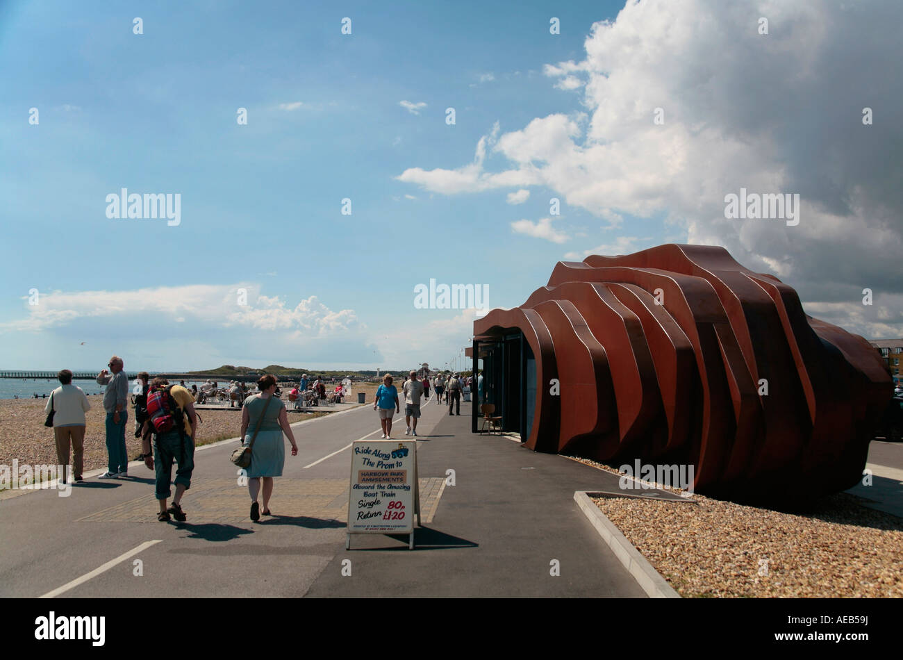 Holiday makers in front of East Beach Cafe on Littlehampton Seafront ...