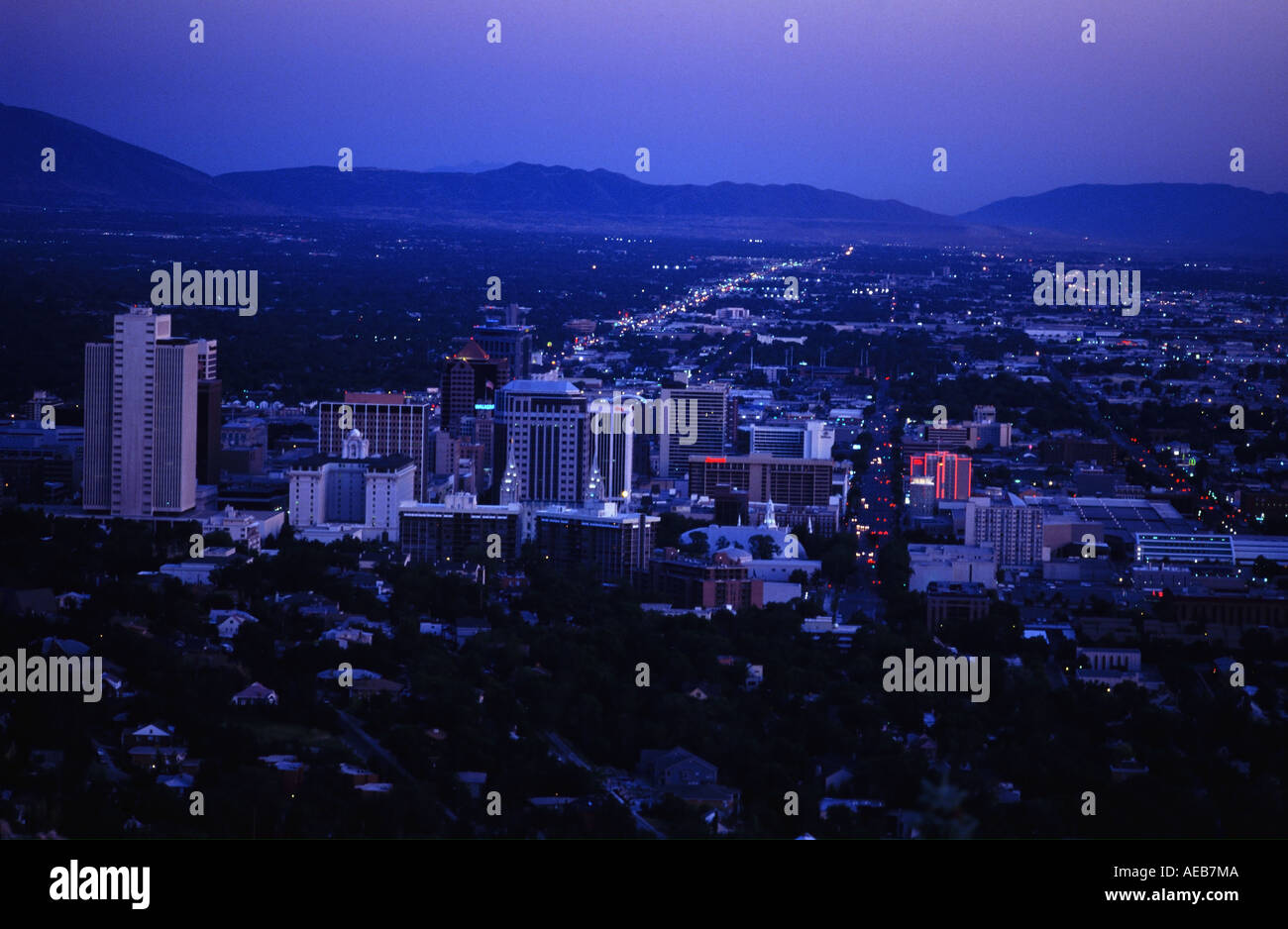 Aerial view of Salt Lake City at dusk, capital city of the State of ...