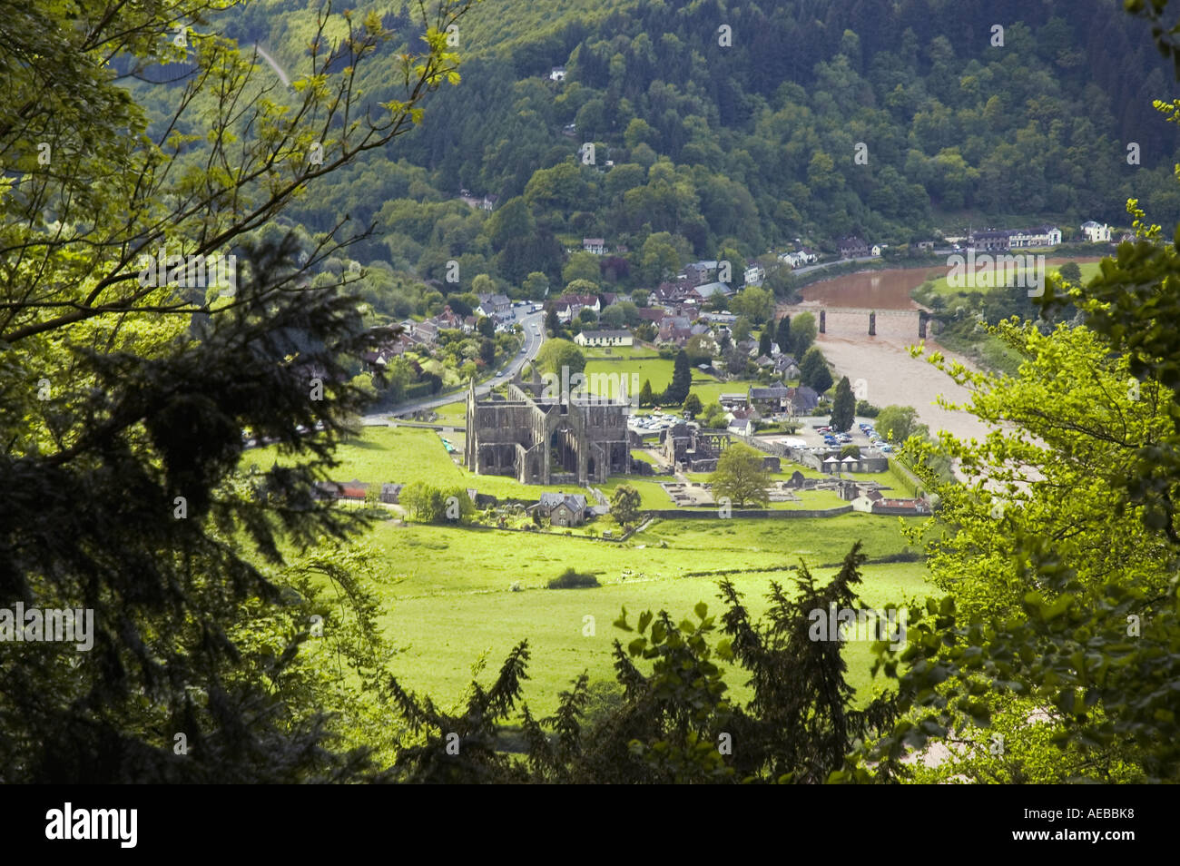 Tintern Village and Tintern Abbey with River Wye Wye Valley South East ...