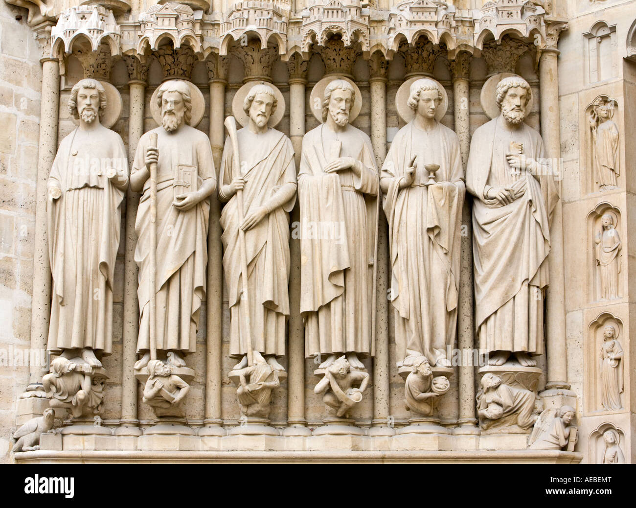 Renovated statues on facade of Notre Dame cathedral, Paris France Stock ...