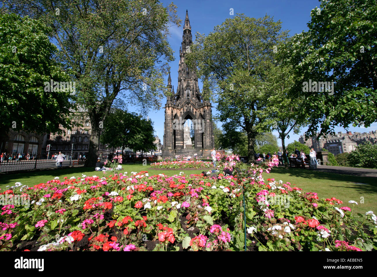 summer flowers in front of the scott monument edinburgh scotland uk gb ...
