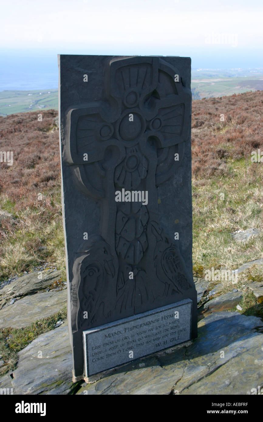 manx millenium stone memorial cross isle of man Stock Photo - Alamy