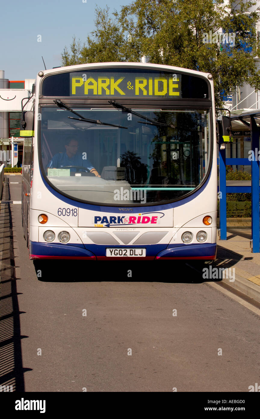 Front view of a park and ride bus transporting shoppers to Monks Cross ...