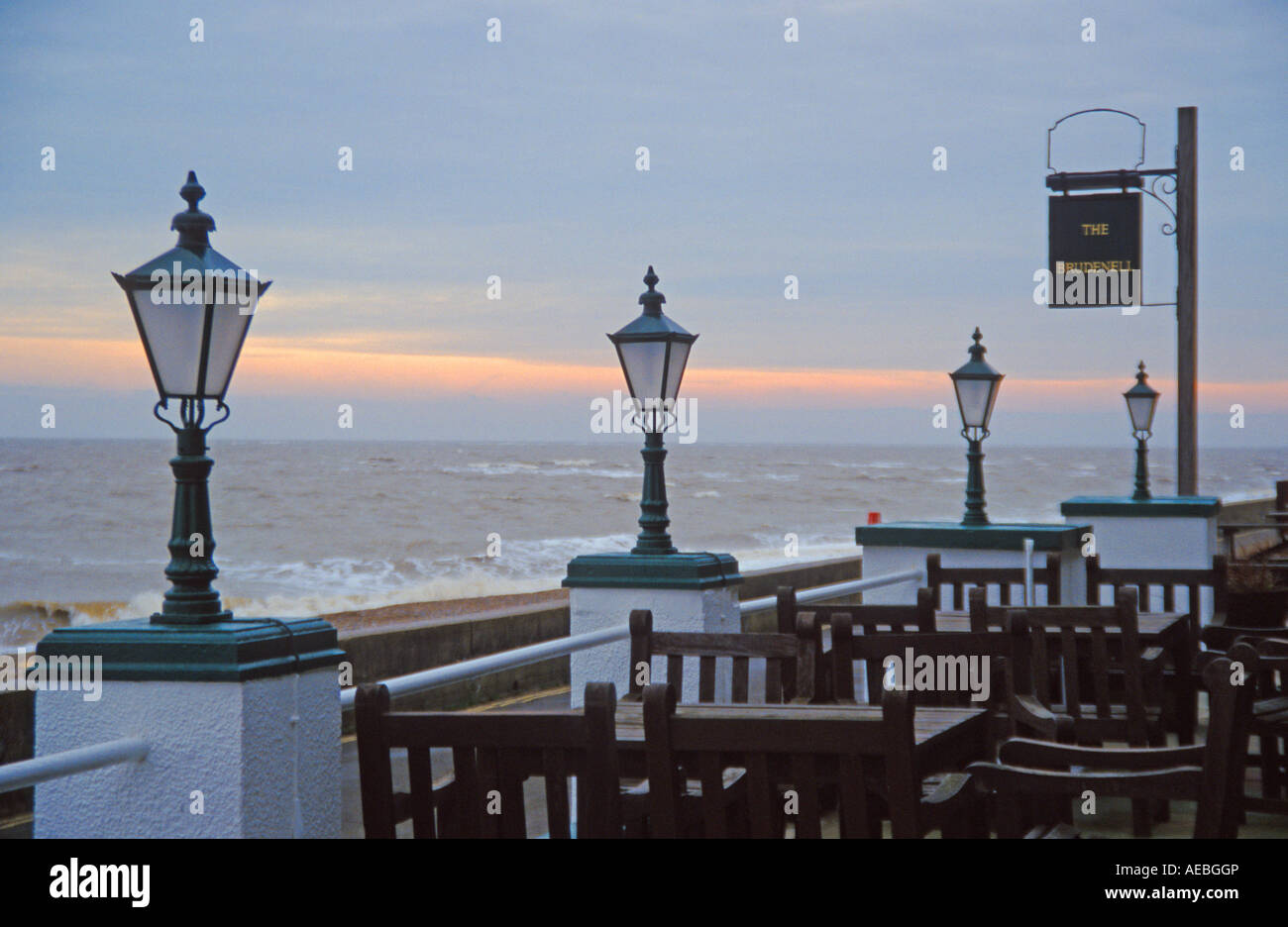 Aldeburgh Seafront with Lanterns from The Brudenell pub with empty ...