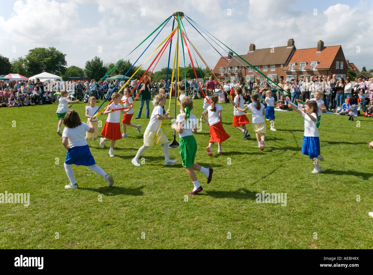 Girls dance around the maypole at Walton on the Hill Surrey May 2007 ...