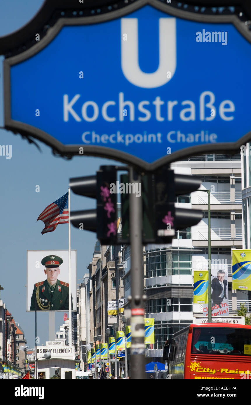 Famous Checkpoint Charlie and subway sign in Berlin Germany Stock Photo ...