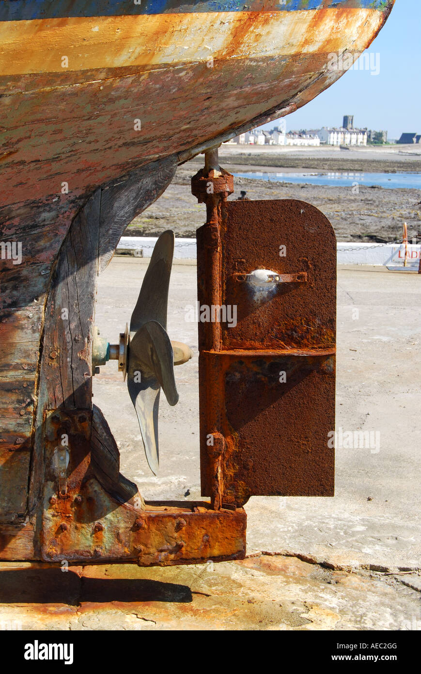 rudder and propeller of rusting trawler at castletown isle of man ...