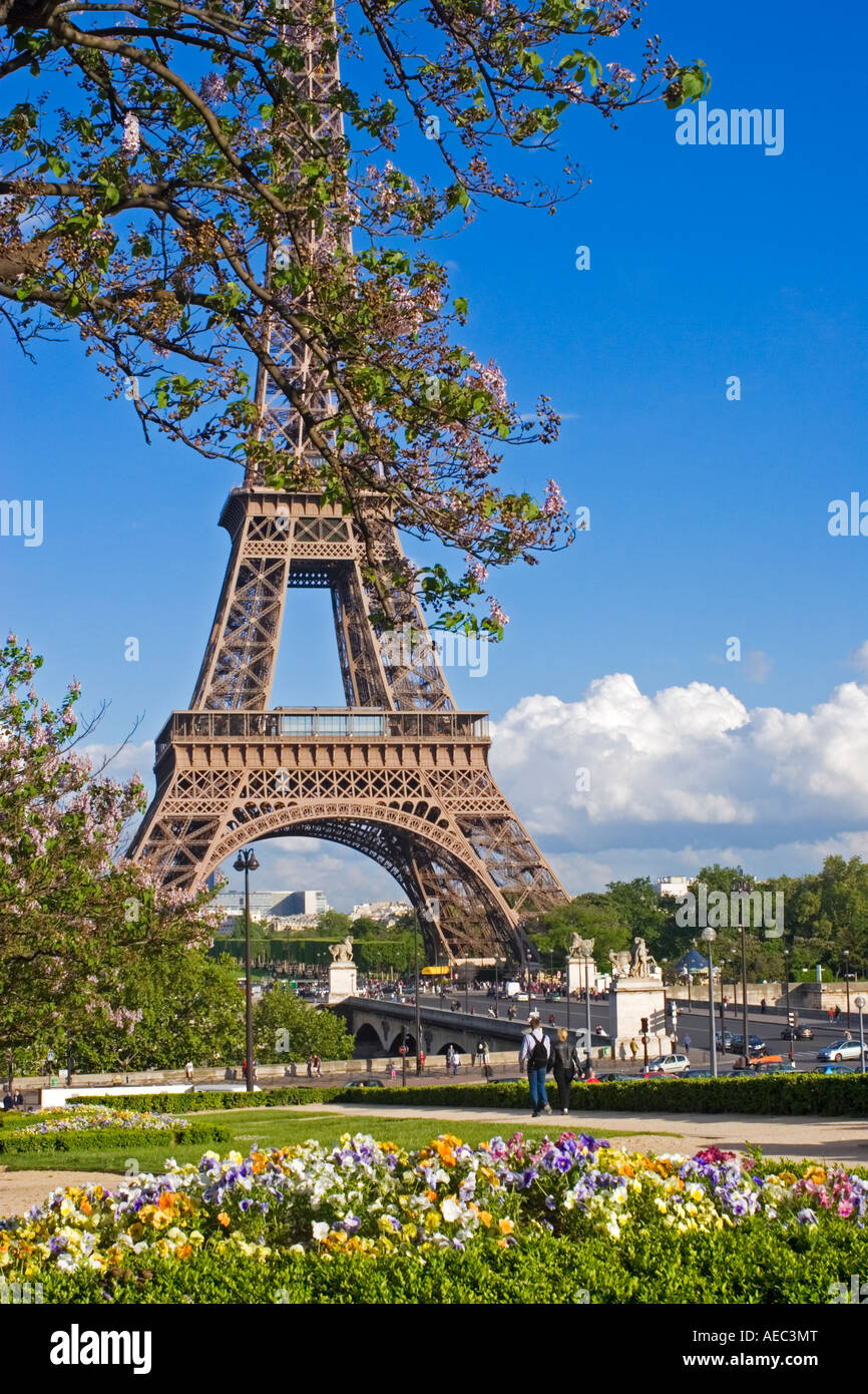 Eiffel Tower flowers and blooming trees in spring Stock Photo - Alamy