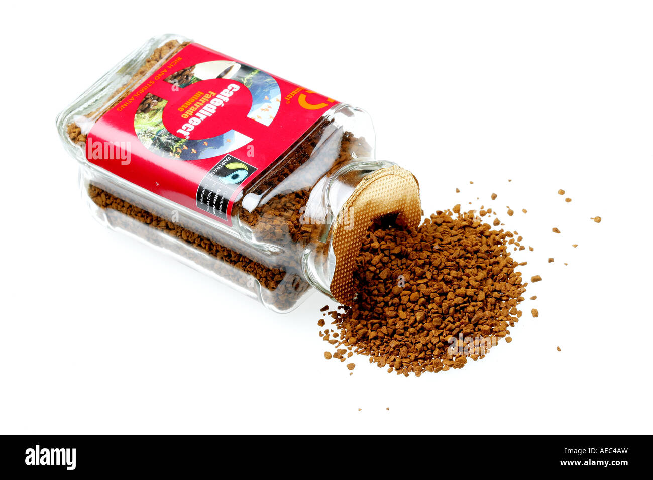 Spilt instant fairtrade coffee jar pot spilt granules hi-res stock ...