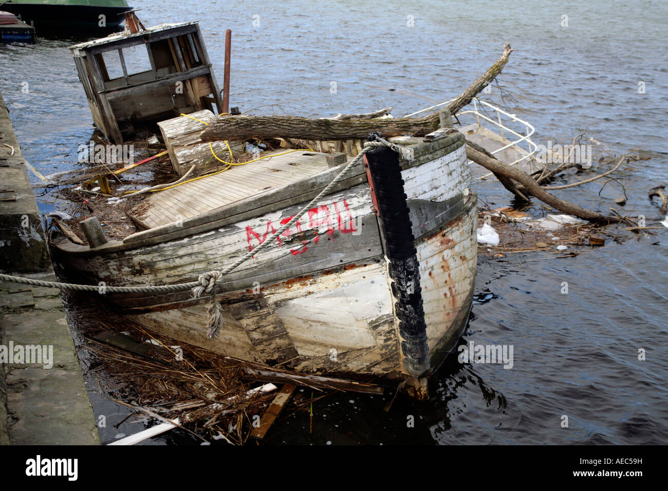 Neglected wooden boat sunken after storm at Gullbergskajen ...