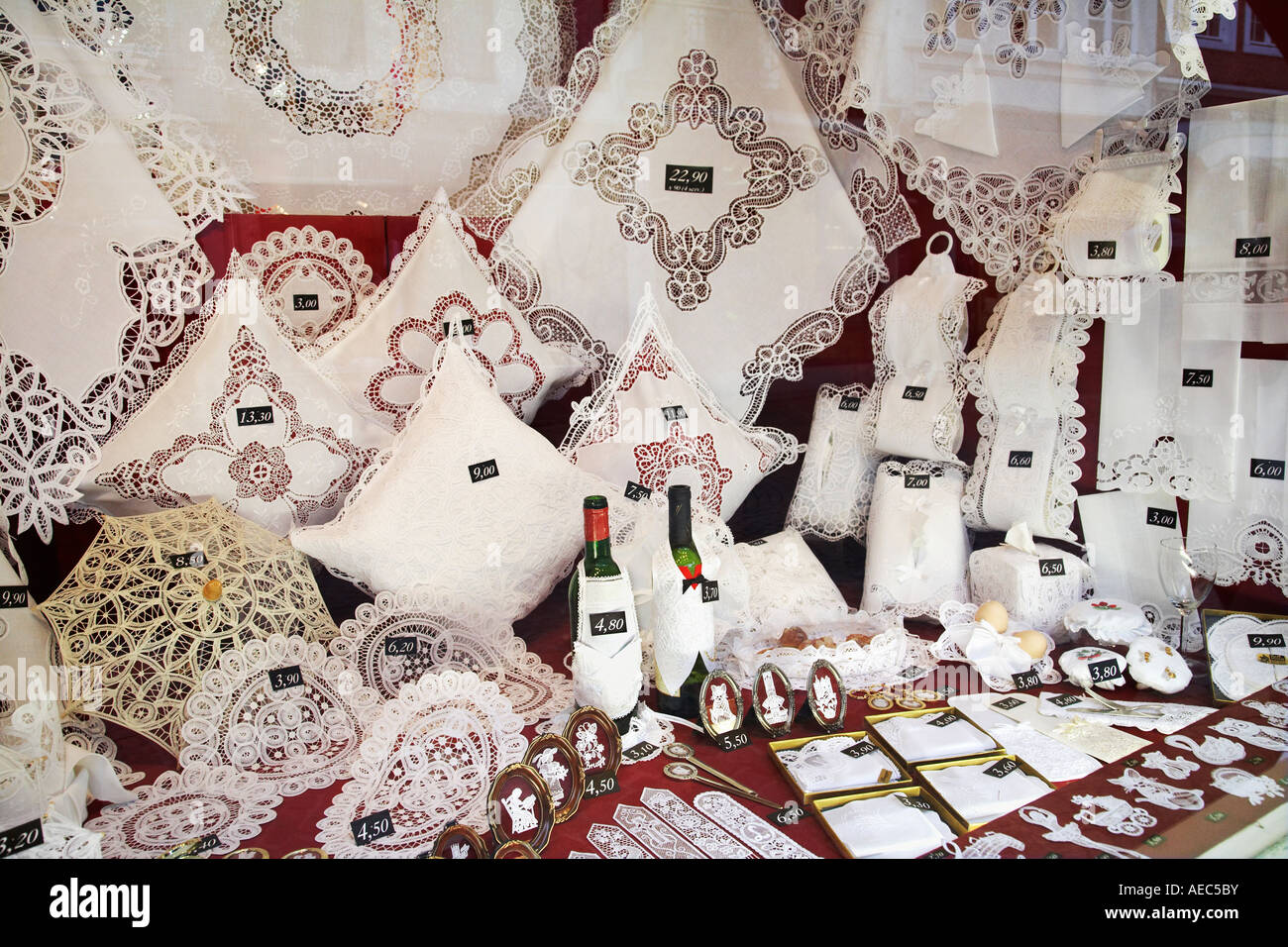 Lace products in shop window Bruges Belgium Stock Photo - Alamy