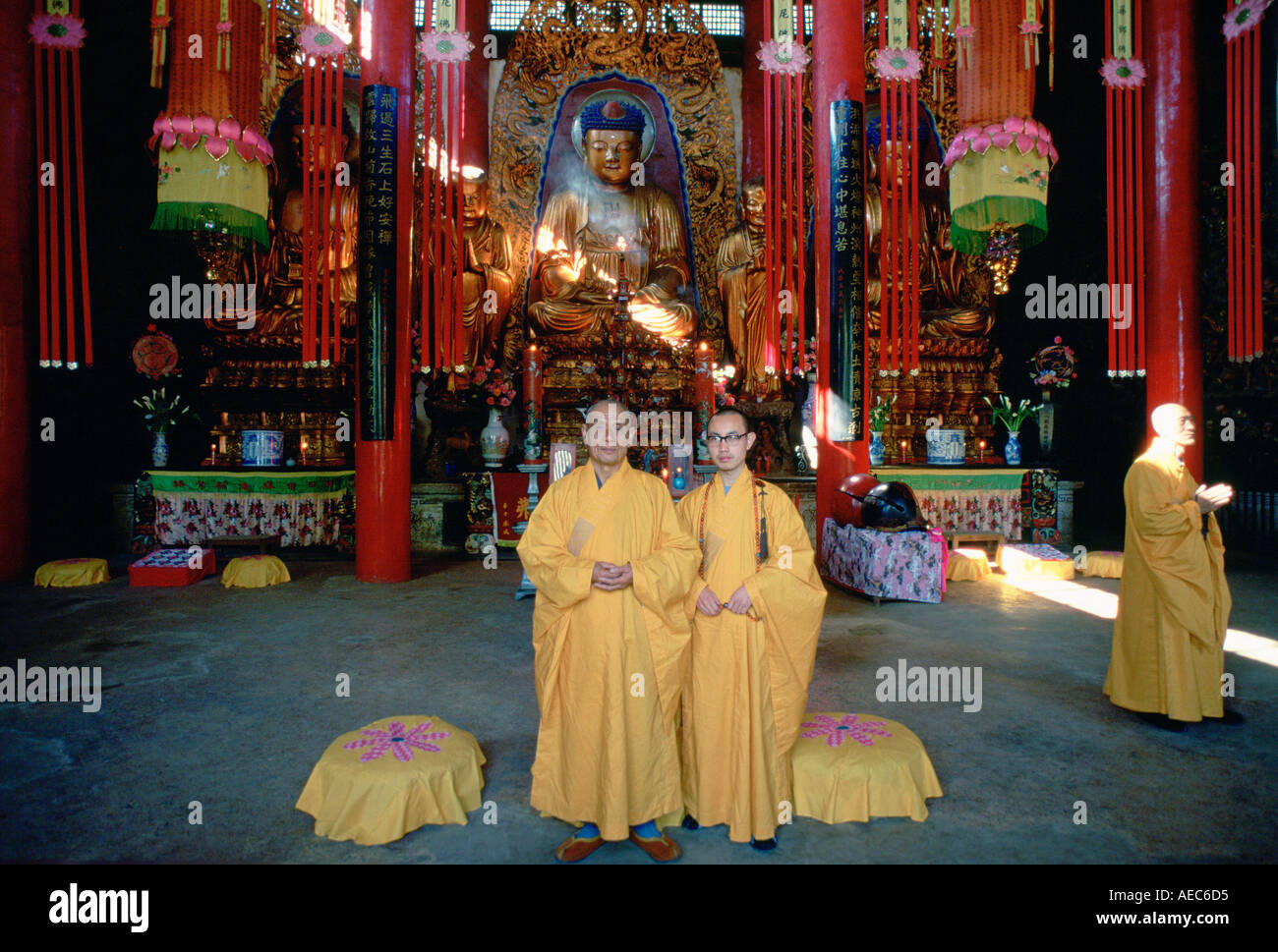 Buddhist monks in saffron coloured robes at the Buddhist Temple in ...