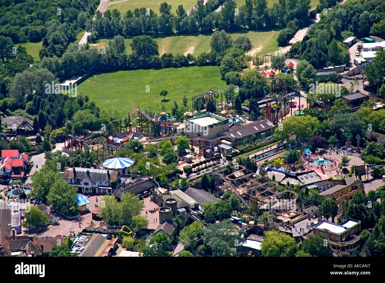 Aerial view of Thorpe Park with the roller coaster Colossus by Abbey ...
