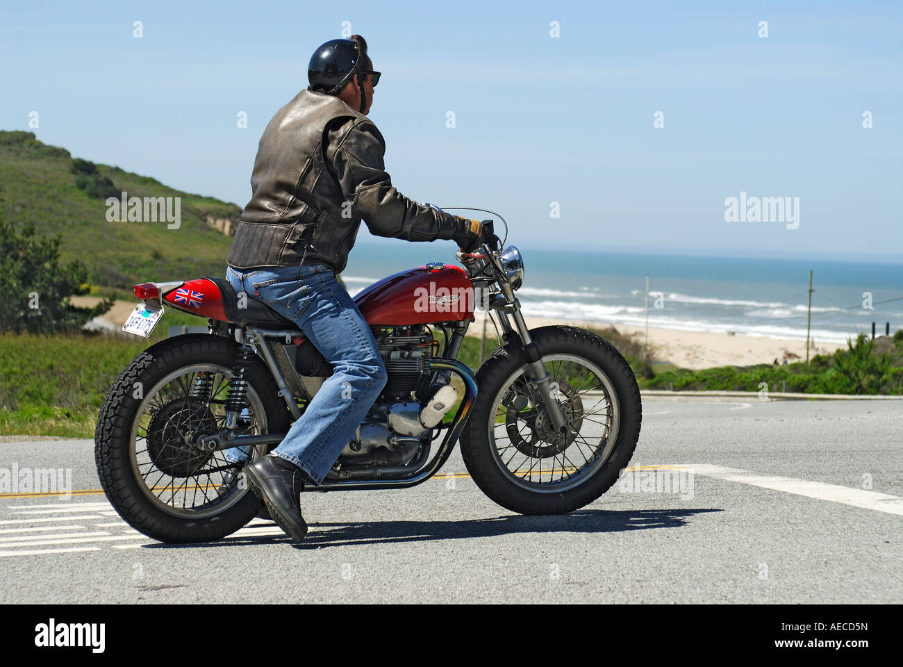 "Man riding a British Triumph "twin cylinder" ^motorcycle, Pacific ...