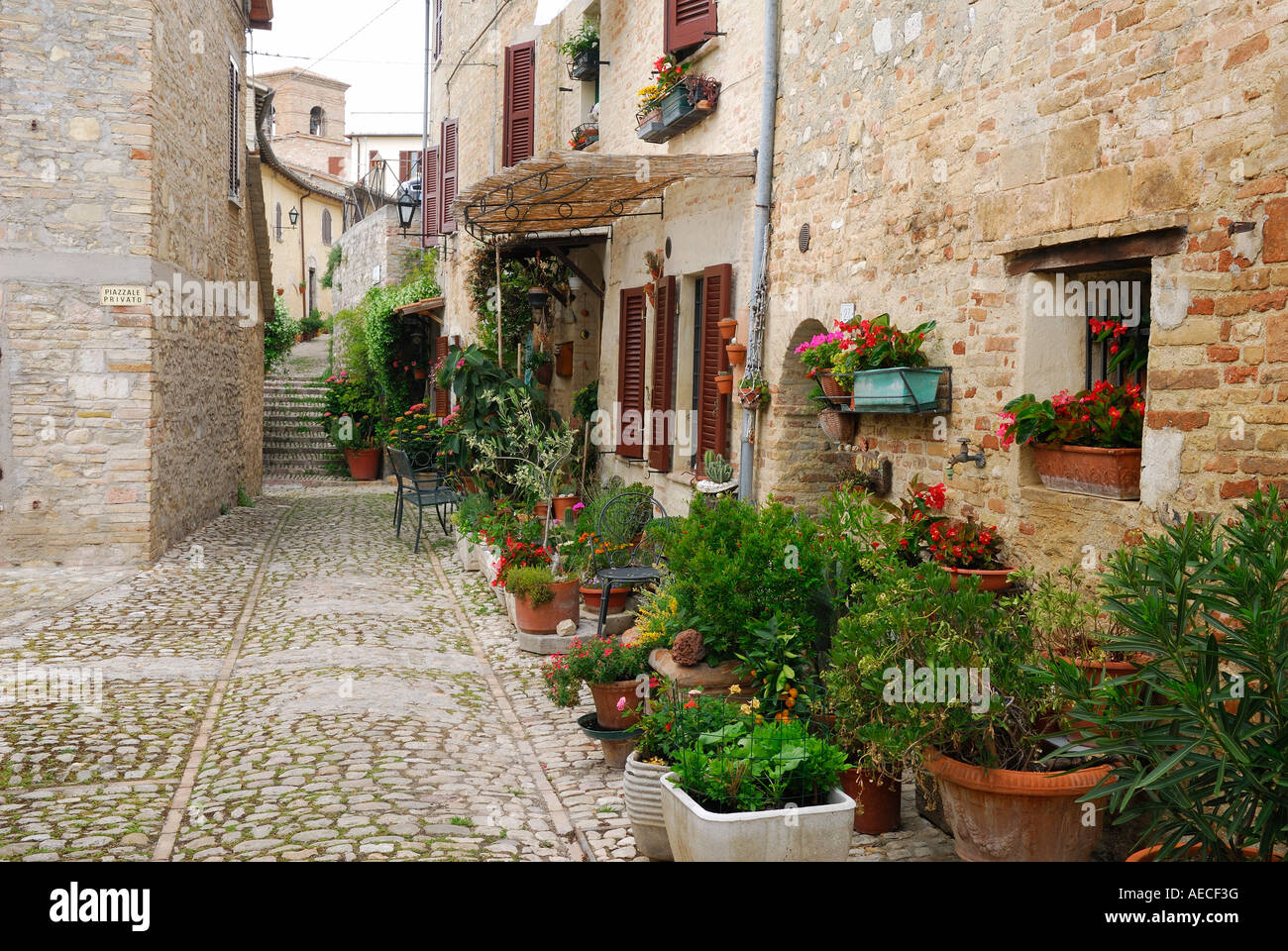 Private garden terrace with potted plants and passageway in cobblestone ...