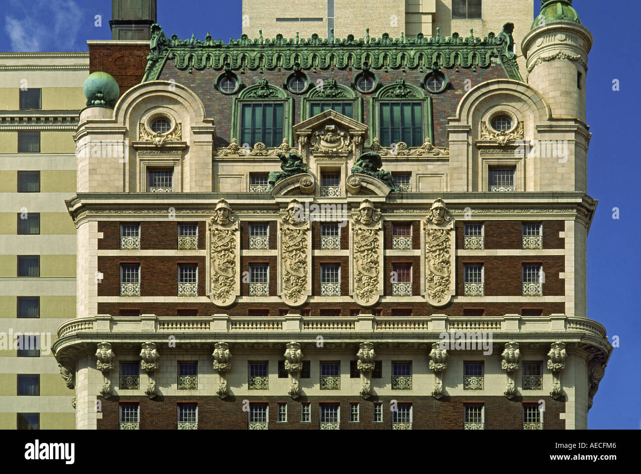 Details at Beaux Arts facade of Adolphus Hotel (1912), Dallas, Texas ...