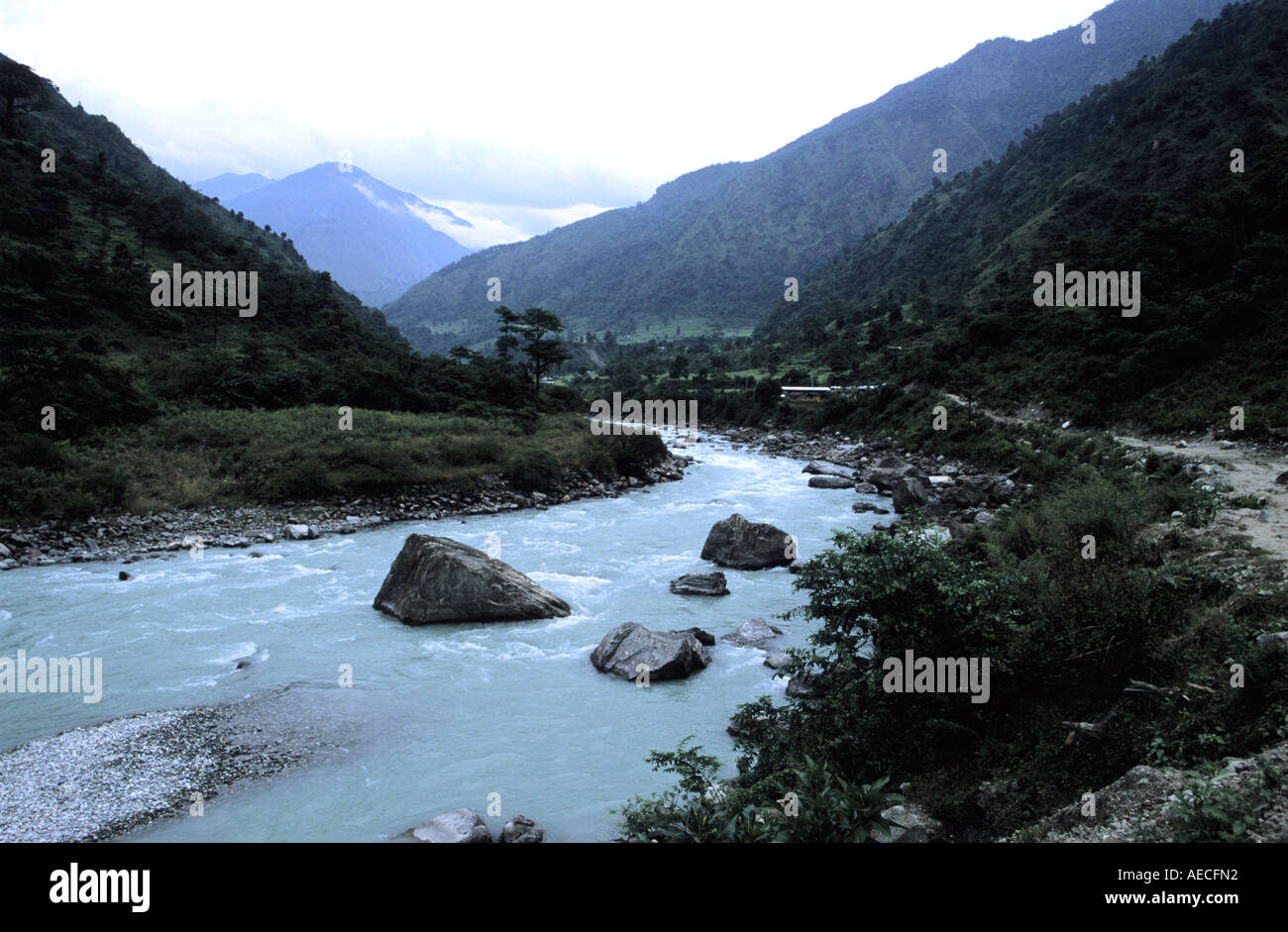 Scenic of Marsyangdi river valley in Bhulbhule area Annapurna Circuit ...