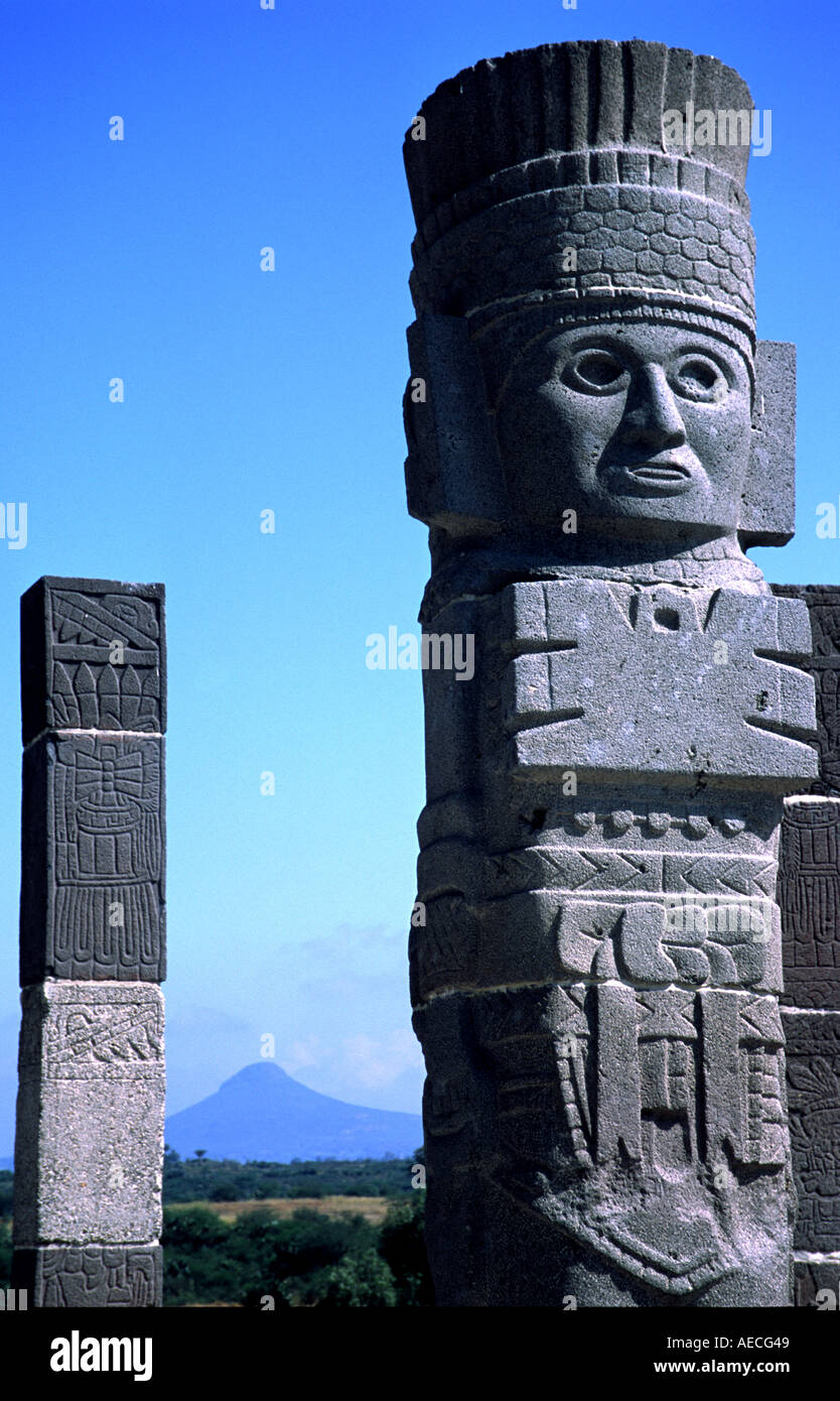 Two carved stone figures on the Aztec site of Tula near Mexico City ...