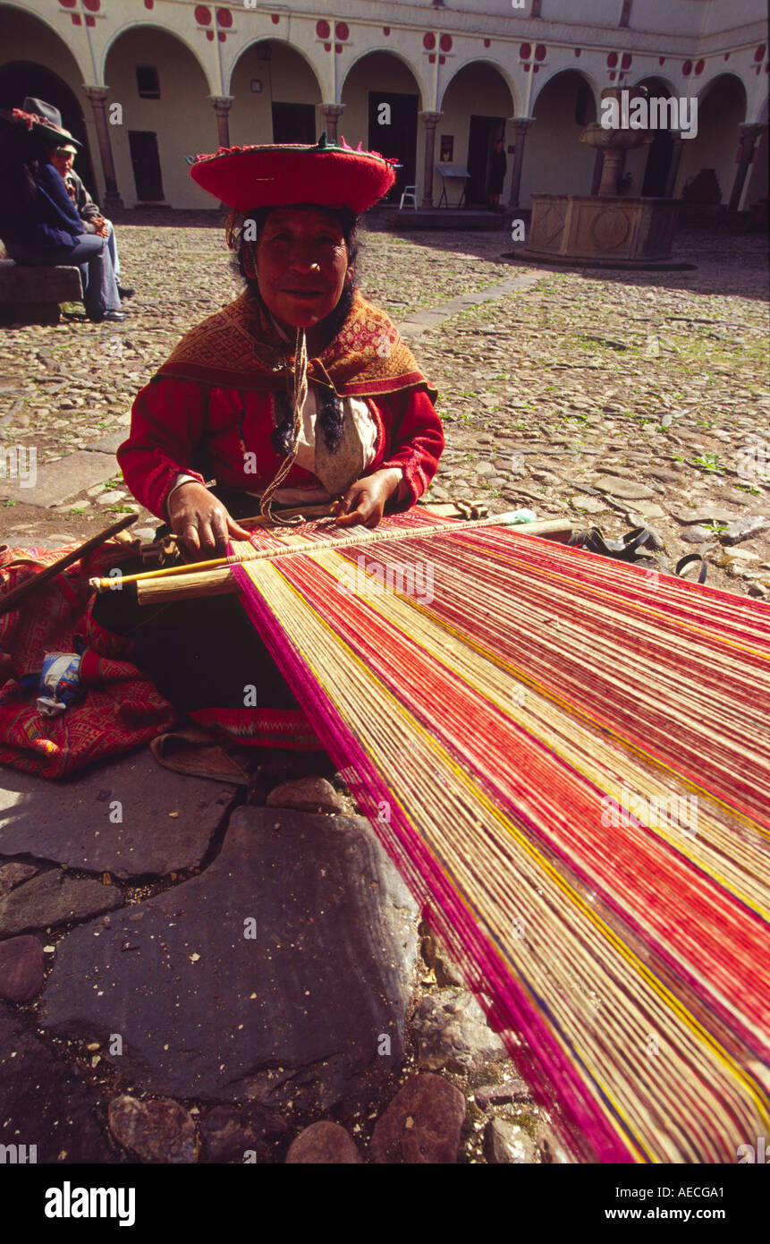 An ayamara weaver woman works on a traditional loom in Cusco Peru Stock ...
