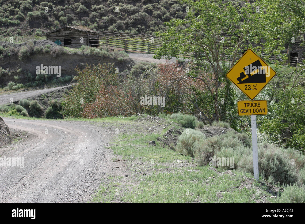 Road sign showing a trucks down steep slope on a gravel Canadian road ...