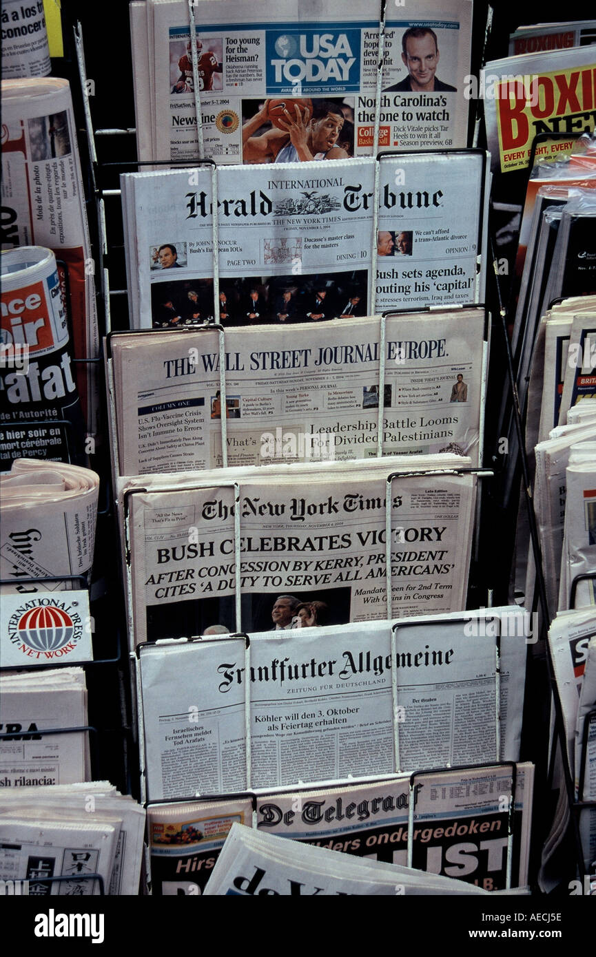 Newspaper stand showing papers from various countries Stock Photo - Alamy