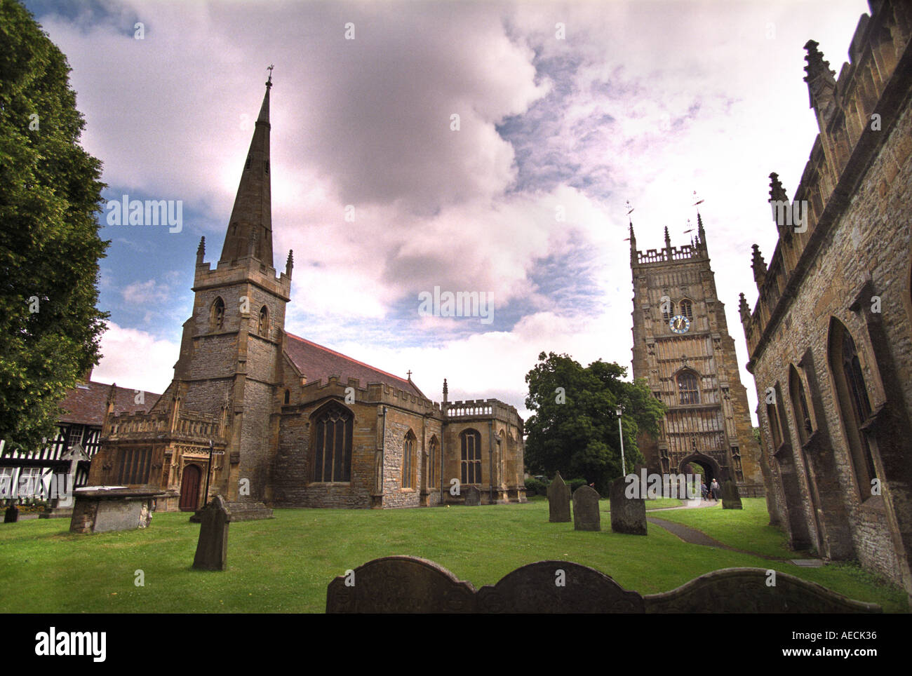 THE SITE OF EVESHAM ABBEY UK SHOWING ALL SAINTS CHURCH LEFT THE BELL ...