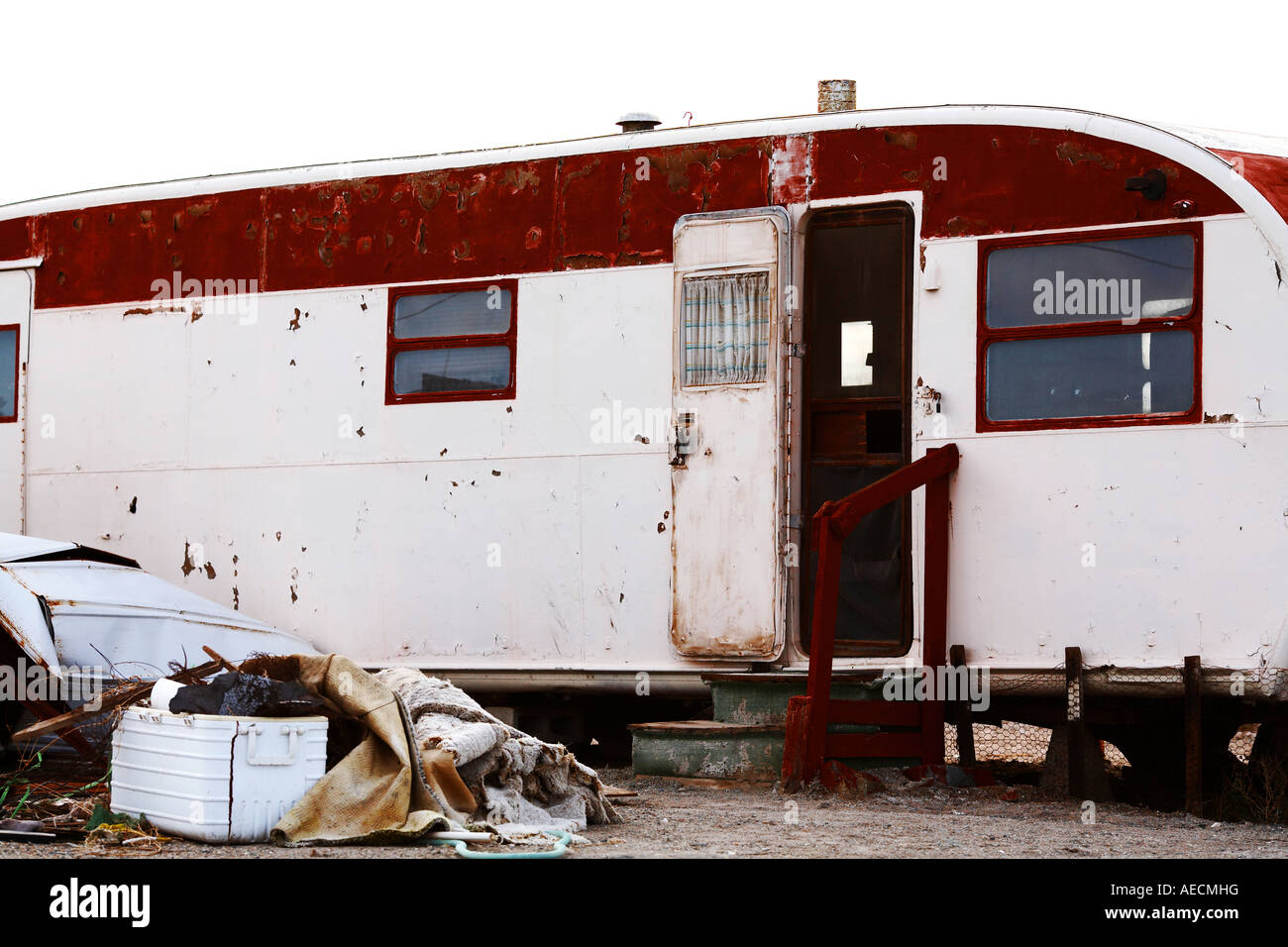 Unkept RV with Broken Door and Trash at Bombay Beach Salton Sea ...