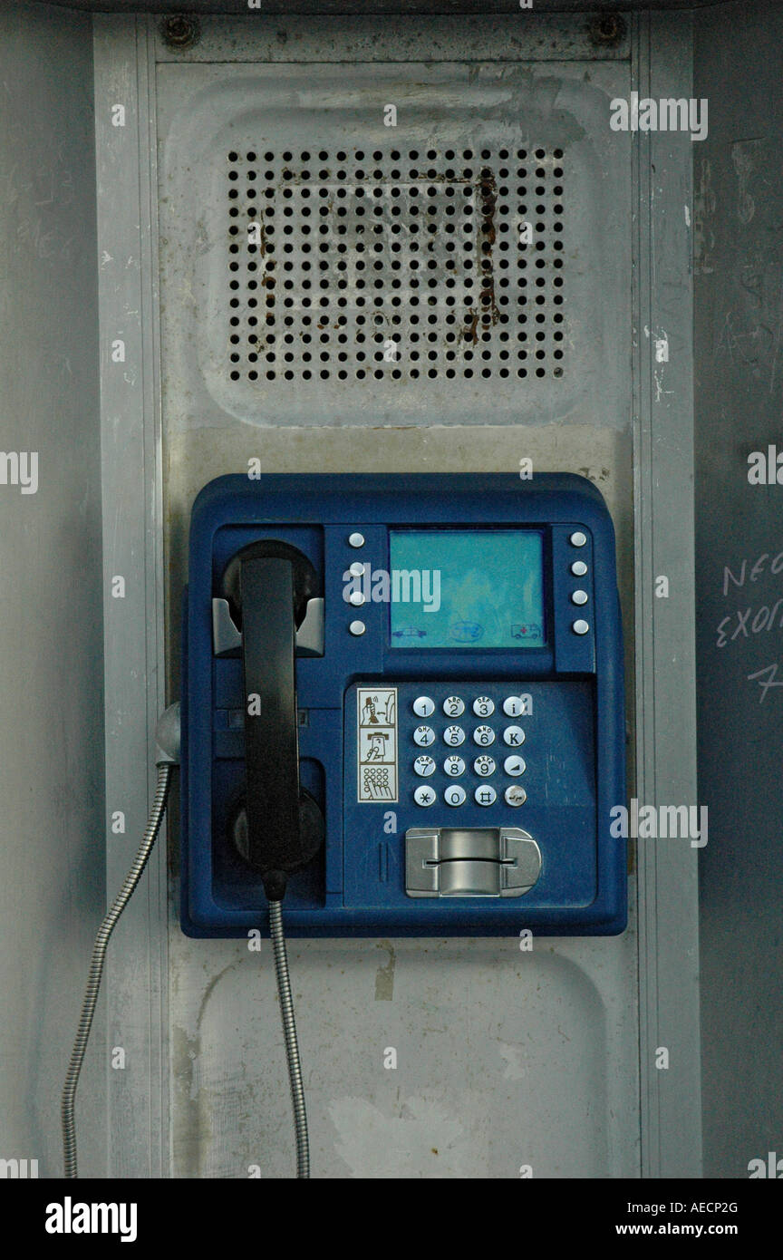 Blue public call box, Greece Stock Photo - Alamy