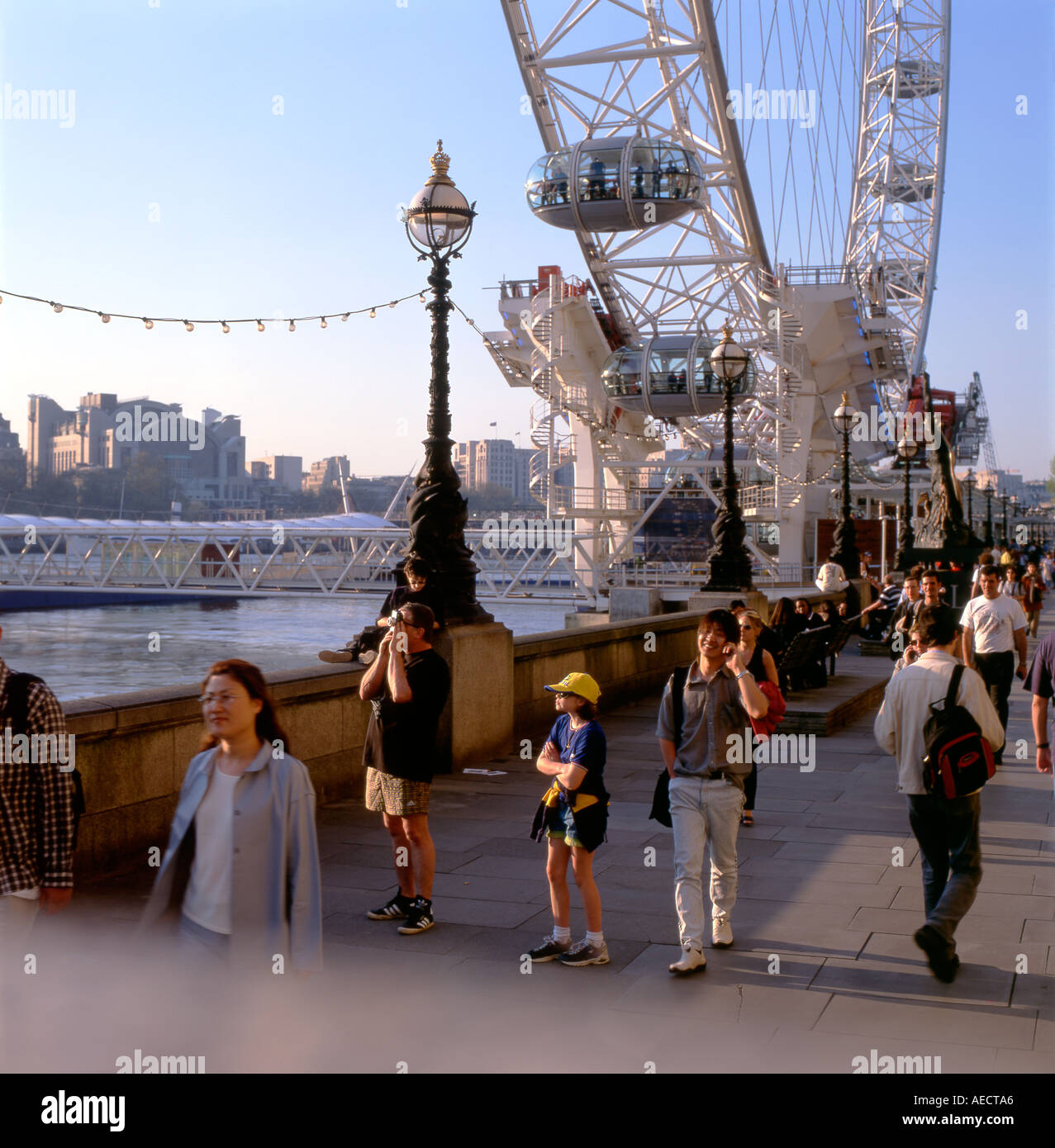 Tourists walking under the London Eye on the Southbank along the River ...