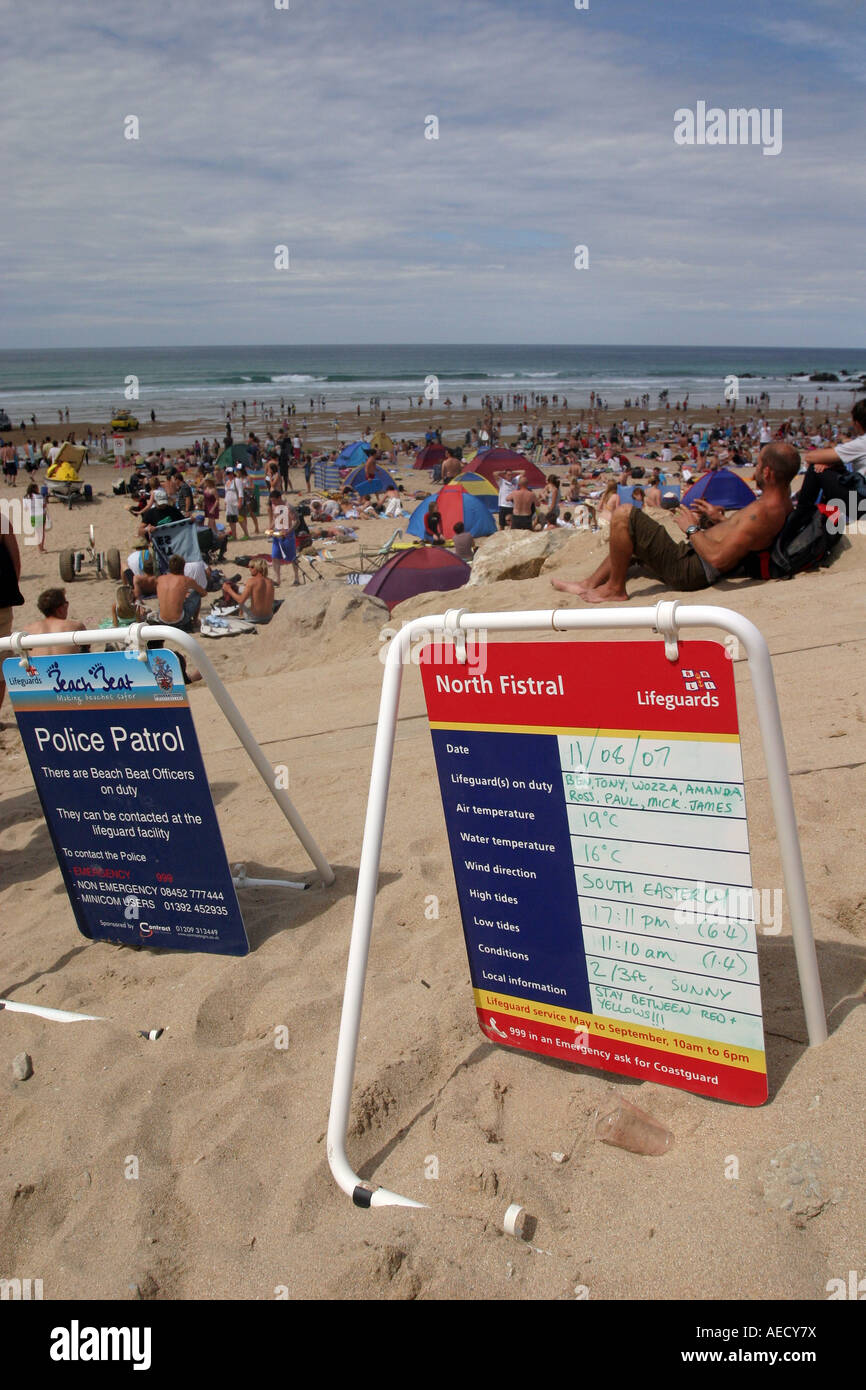 Fistral Beach Newquay Cornwall with notice warning signs Stock Photo ...